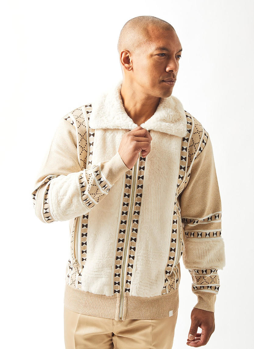 Silversilk Mens Beige Zipper Front Sweater Fleece Front 61002