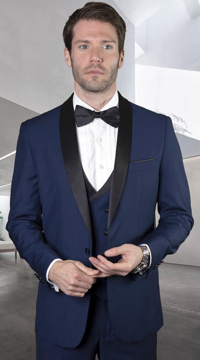 Men's Stylish Sapphire 3 Piece Modern Fit Party Tux DB Vest Statement MGM