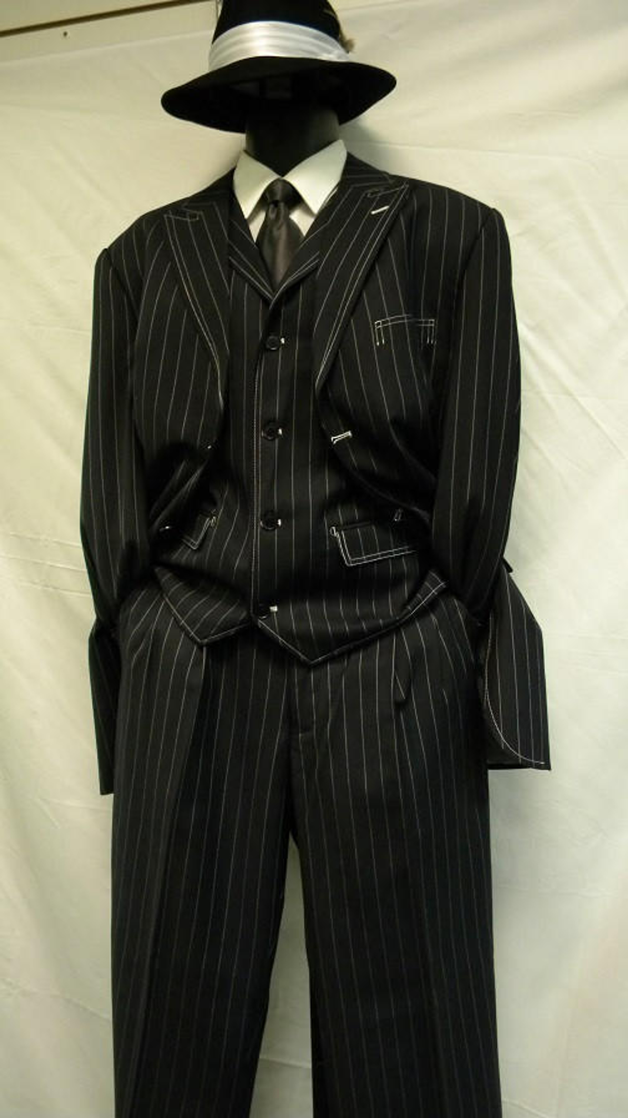Zoot Suit With Vest Navy and White Gangster Style Lines 3 Piece 5903V
