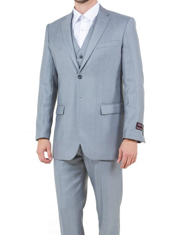 Men's Light Gray Sharkskin 3 Piece Suit Tazio M158-05