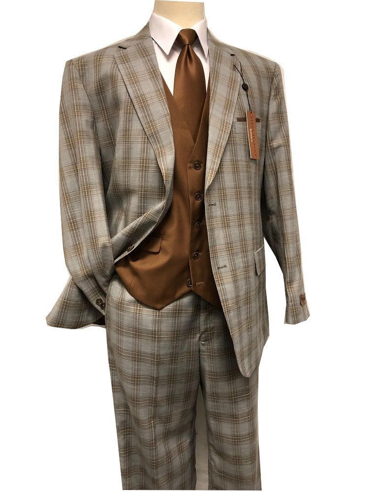 Steve Harvey Suit 3 Piece Gray Rust Plaid Contrast Vest 122750