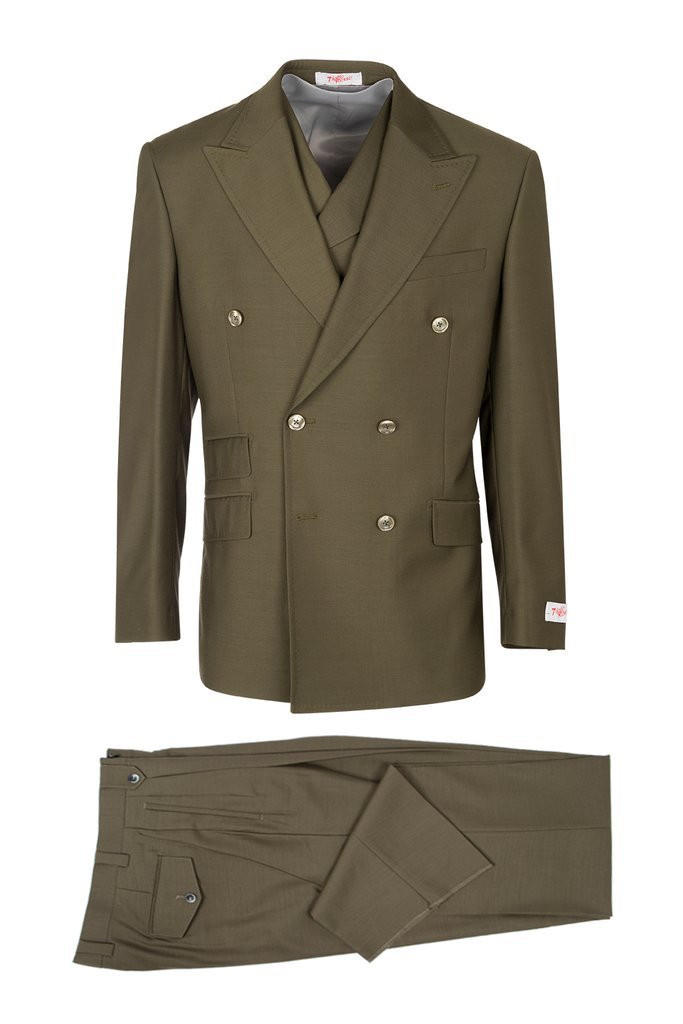 Tiglio Rosso Mens Olive Green Wool Double Breasted Suit Wide Leg Est