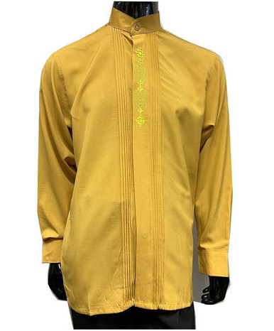 Pronti Mens Gold Chinese Collar Party Shirt Long Sleeve Embroidered 5343