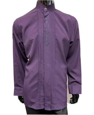 Pronti Mens Purple Mandarin Collar Party Shirt Long Sleeve Embroidered 5343
