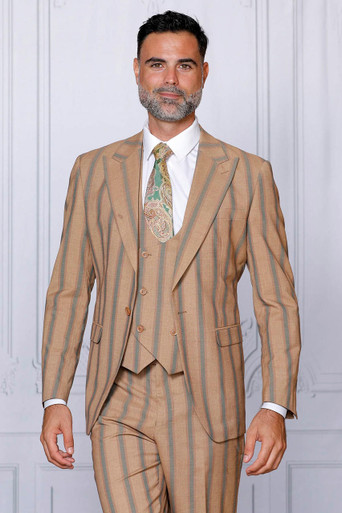 Manzini Mens Stripe 3 Piece Suit Taupe Modern Fit Sydney