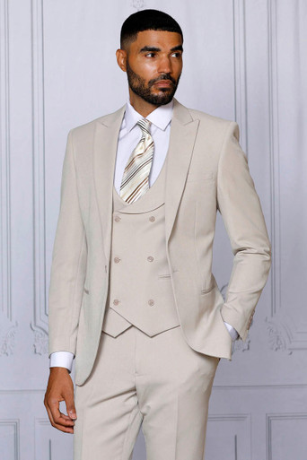 Insomnia Mens Peaked Lapel Suit with Vest Tan Tailored Fit GQ-200