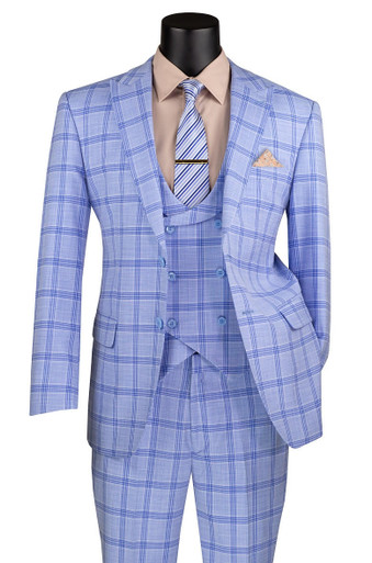 Vinci Men's Light Blue Plaid Modern Suit Low-Cut Vest 3 pc. MV2W-5