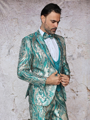 Men's Fitted Prom Outfit Turquoise Designer Pattern Tuxedo Santo