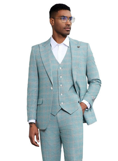 Stacy Adams Men's Plaid Suit Three Piece Sky Blue Size 56R SM182H-01 ...