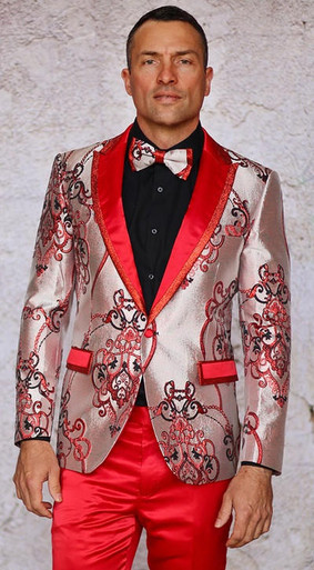 Manzini Mens Fancy Pattern Fitted Fashion Tuxedo Blazer Red MZS-538