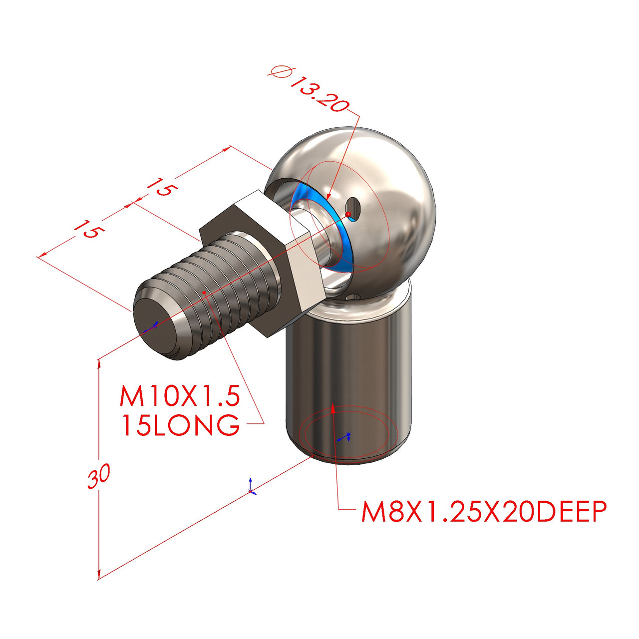 316 STAINLESS 13MM BALL ASSEMBLY 30MM TO CENTRE M8 THREAD IN BASE M10 ...
