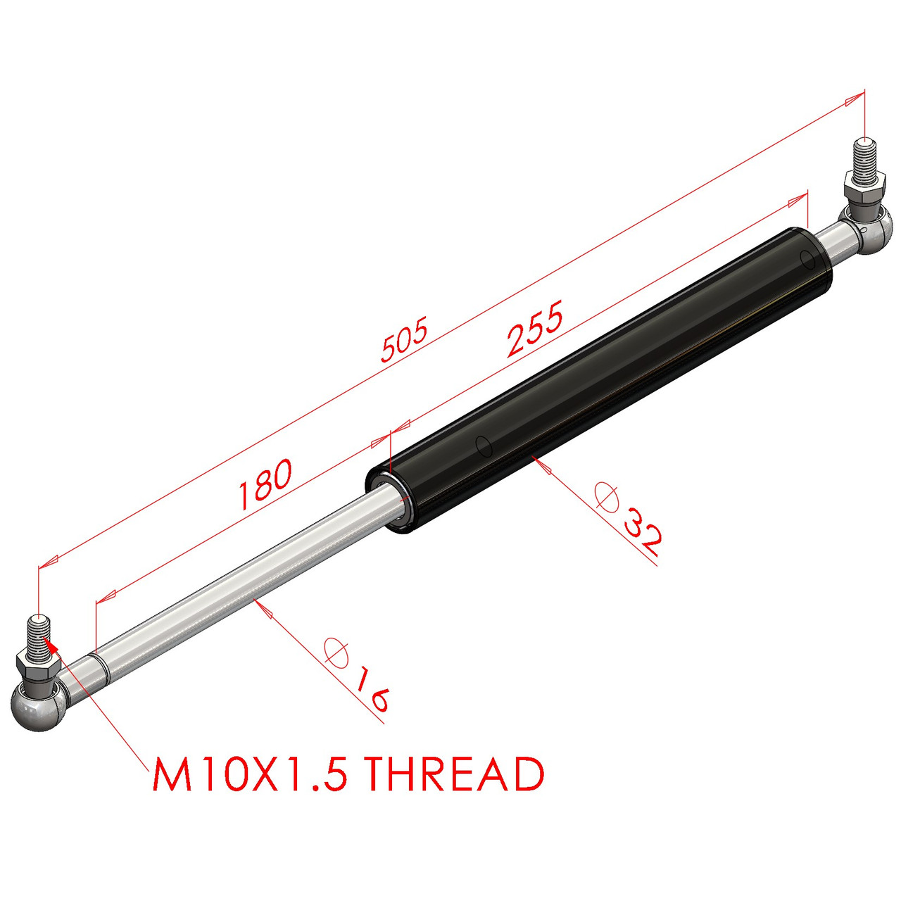 505MM EXTENDED 182MM STROKE 16x32 STEEL GAS STRUT 253-182-XXXX-34-B3-B3 ...