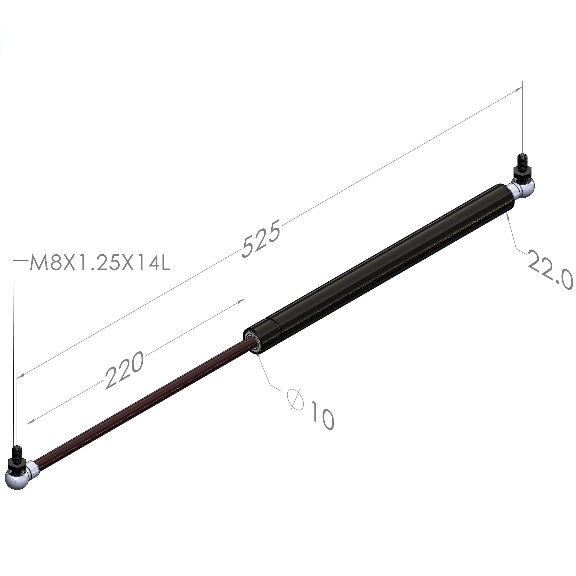525MM EXTENDED 220MM STROKE 10x22 STEEL GAS STRUT C265-220-XXXX-1022 ...