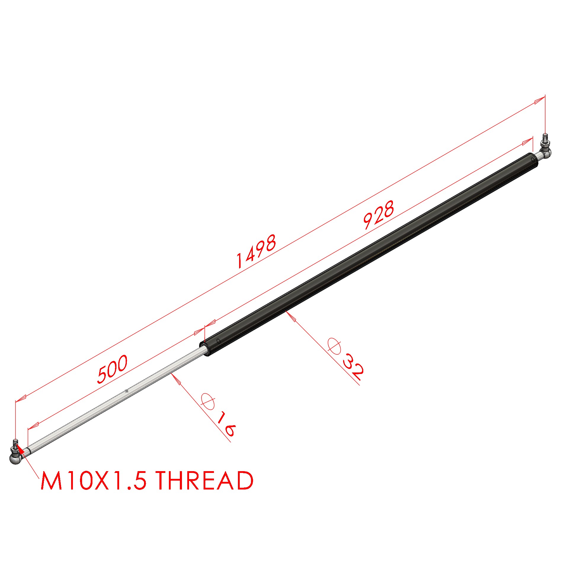 1500MM EXTENDED 500MM STROKE 16x32 STEEL GAS STRUT 930-500-XXXX-34-B3 ...