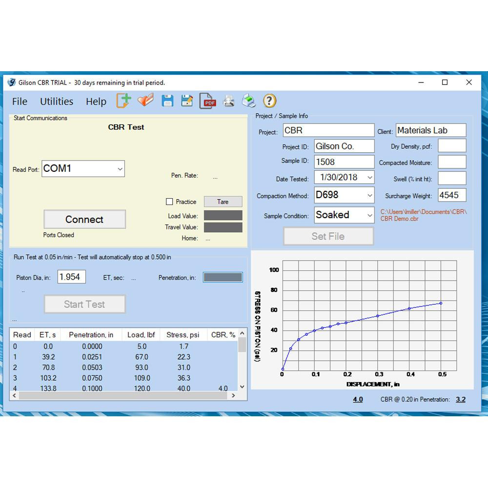 CBR / LBR Load and Displacement Data Acquisition Software