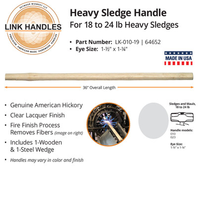 36in Sledge Handle for 18 to 24lb Hammers, 1-1/2in x 1-1/4in Eye ...
