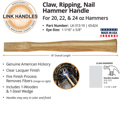 18in Claw Hammer Handle for 20, 22, and 24oz Hammers | Certified MTP
