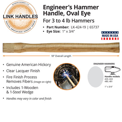 18in Engineer's Hammer Handle, Oval Eye for 3 to 4 Lb. Hammers | CMTP