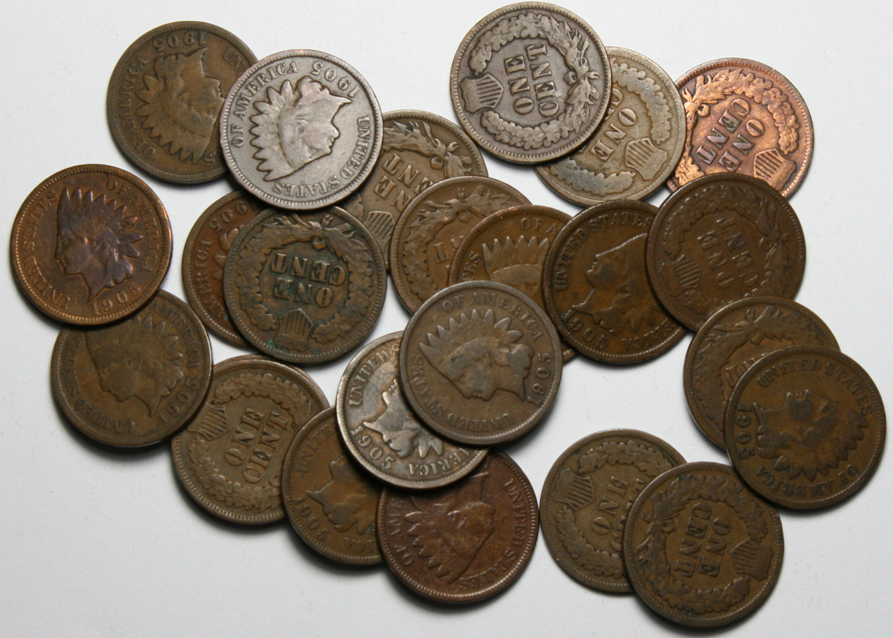 1905 Indian Cent Half Roll of 25 Average Good G-4 Coins, All full dates ...