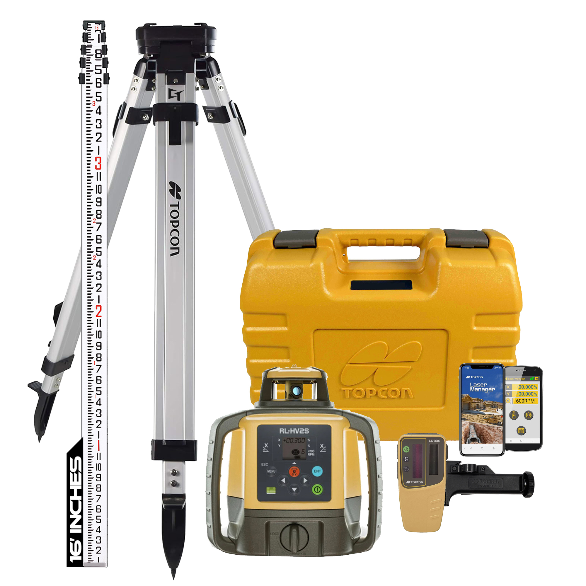 Topcon RL-HV2S Self-Leveling Dual Grade Laser DB Kit with LS-80X Receiver, Inches Rod and Tripod ...