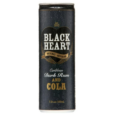 Black Heart Rum Cola 7.0% 300mL Cans 24 Pack - Drinks Cart - NZ