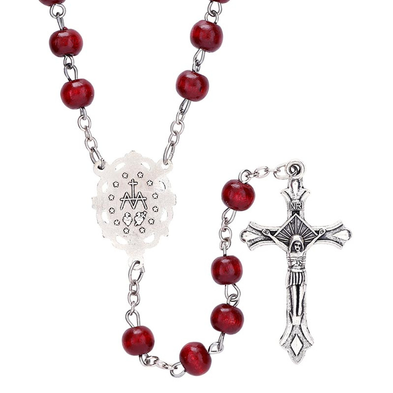 Miraculous Medal Maroon Round Bead Rosary - [Consumer]Autom