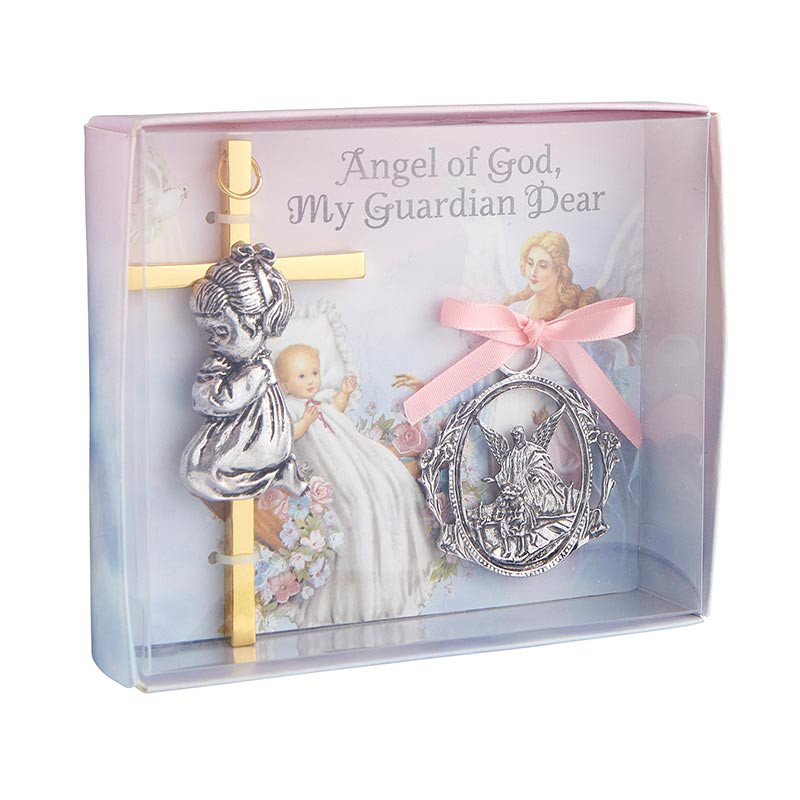 Pink Guardian Angel Girl Crib Medal and Wall Cross Set - [Consumer]Autom
