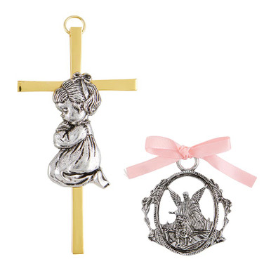 Pink Guardian Angel Girl Crib Medal and Wall Cross Set - [Consumer]Autom