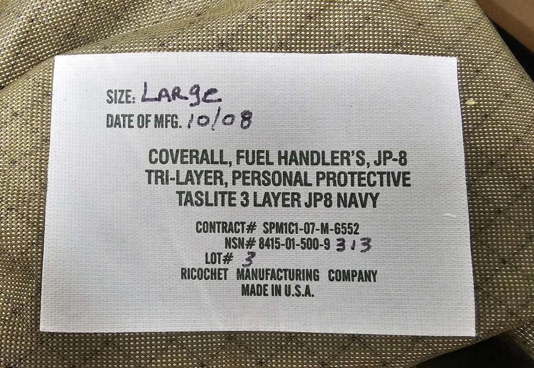 U.S. Armed Forces Navy Gore-Tex JP-8 Fuel Handlers Coverall - Large ...