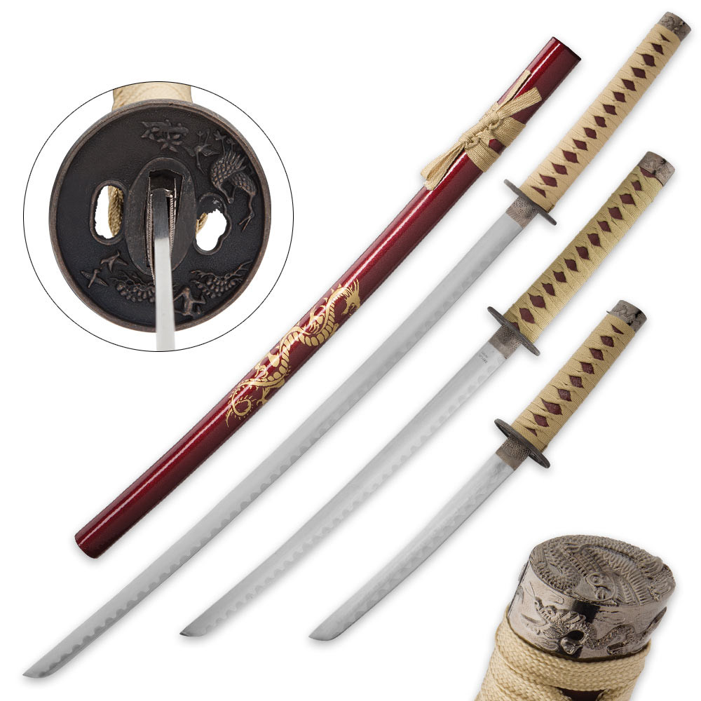 Three-Piece Full Regalia Golden Dragon Katana Set - Hero Outdoors