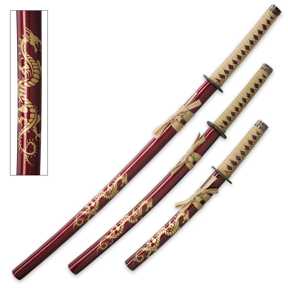 Three-Piece Full Regalia Golden Dragon Katana Set - Hero Outdoors