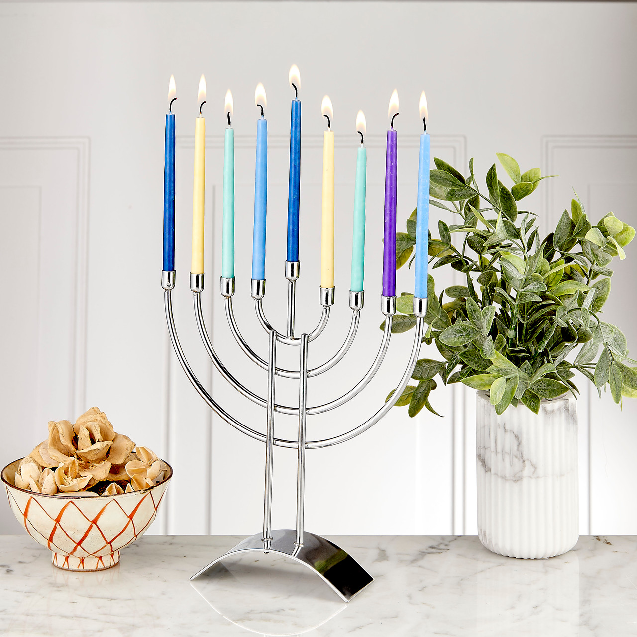 Traditional Steel Menorah, Silver Finish | Hanukkah Menorahs | Great ...