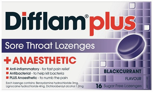 Difflam Plus Sore Throat Blackcurrant 16 Lozenges