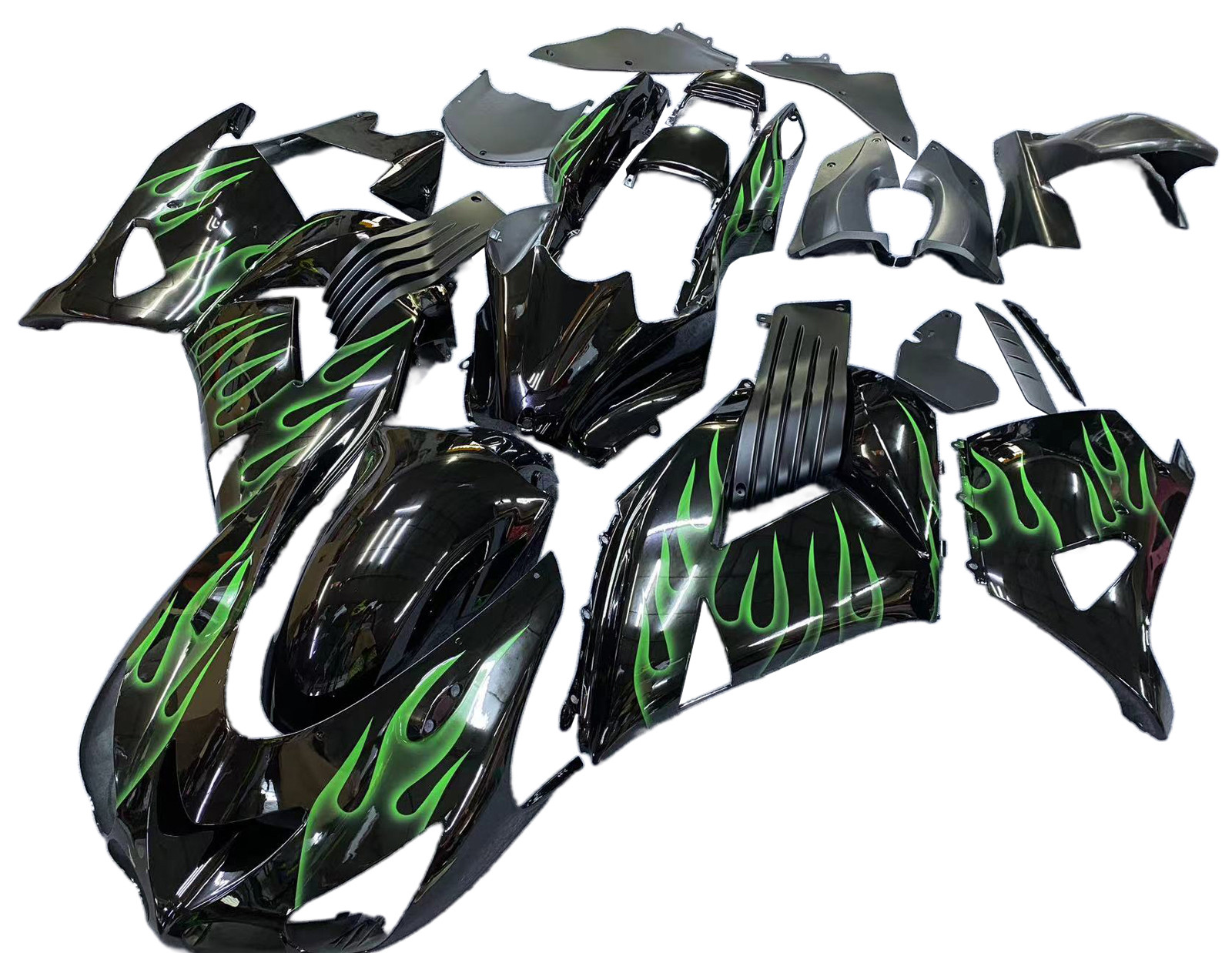2006-2011 Kawasaki ZX14R Amotopart Fairings Black & Green Flame Ninja ...