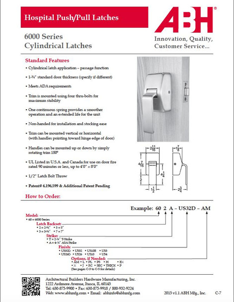 ABH HOSPITAL PUSH/PULL LATCH 605A-US32D 5" BACKSET