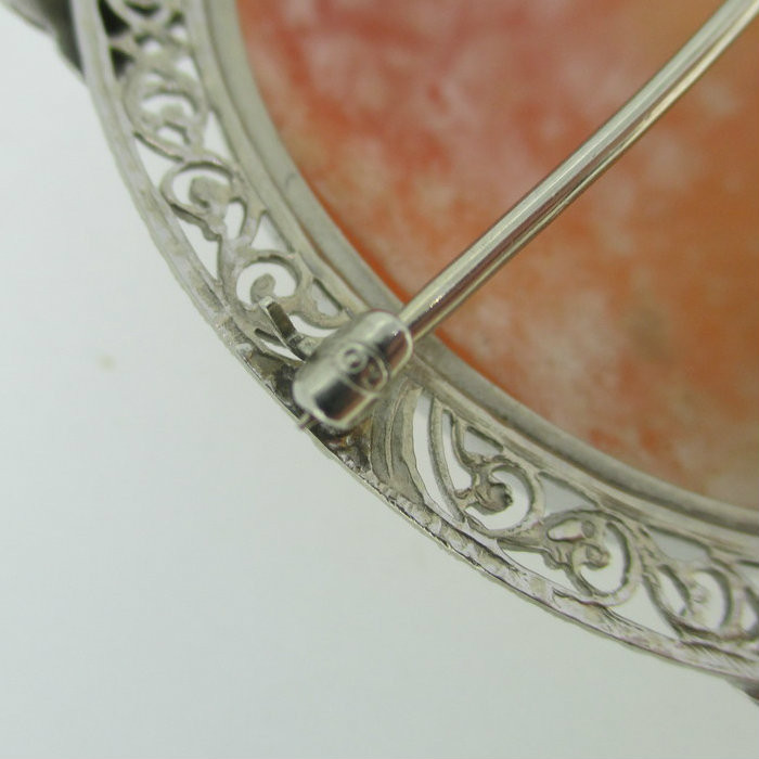Victorian 10k White Gold Carved Conch Shell Brooch Pin