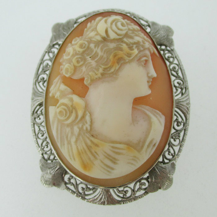 Victorian 10k White Gold Carved Conch Shell Brooch Pin