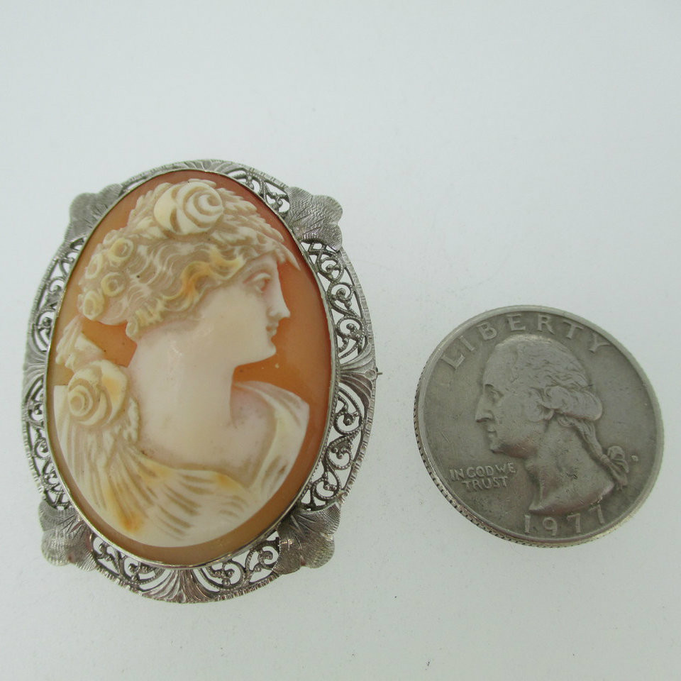 Victorian 10k White Gold Carved Conch Shell Brooch Pin