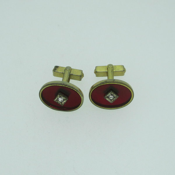 Gold Tone Anson Red and White Stone Cuff Links