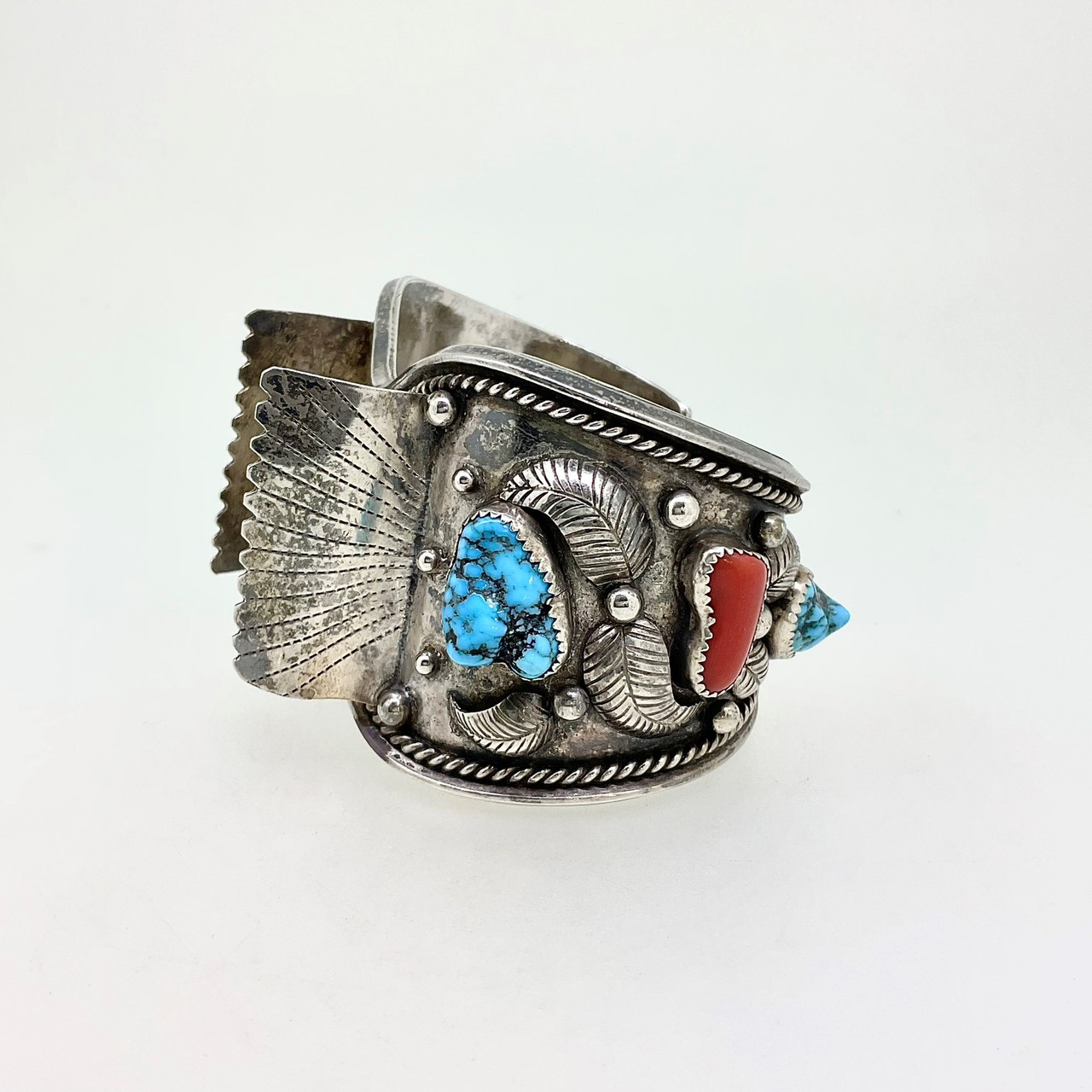 Tony Garcia Sterling Silver Turquoise Coral Watch Cuff Bracelet
