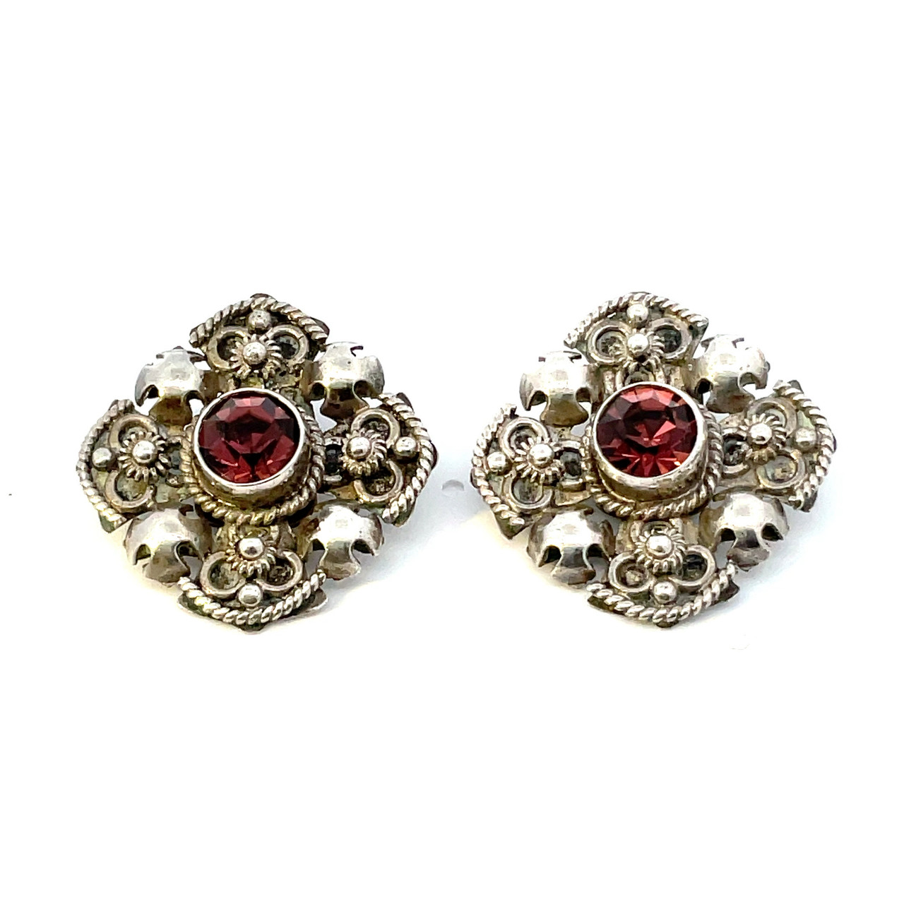 Silver 995 Jerusalem Maltese Crusader Cross Pink Stone Clip On Earrings