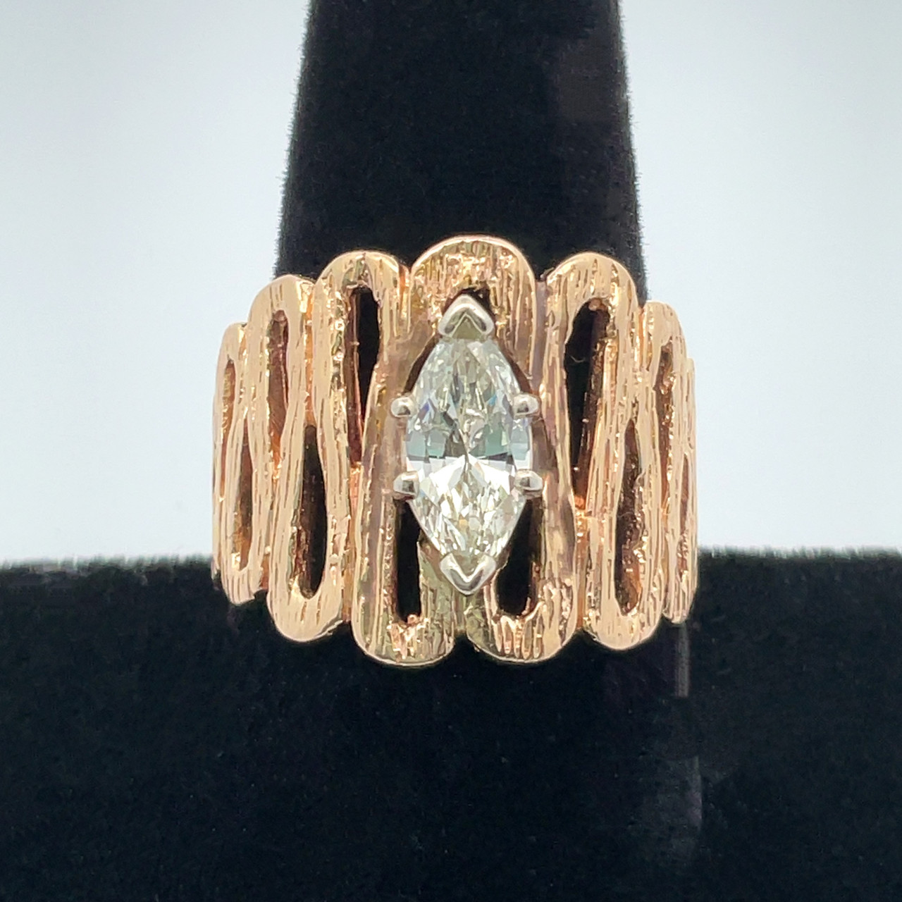 14K Y Gold Diamond 1ct Marquise Cut Graduated open Work Ring Size 7.75