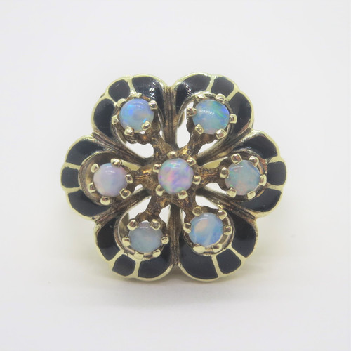 14k Yellow Gold VT Signed Opal & Black Onyx Inlay Cocktail Ring Size 8