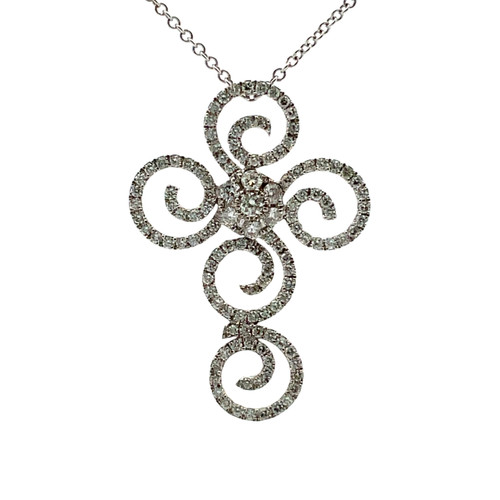 14K W Gold .55TW Diamond Swirl Design Cross Necklace 18"