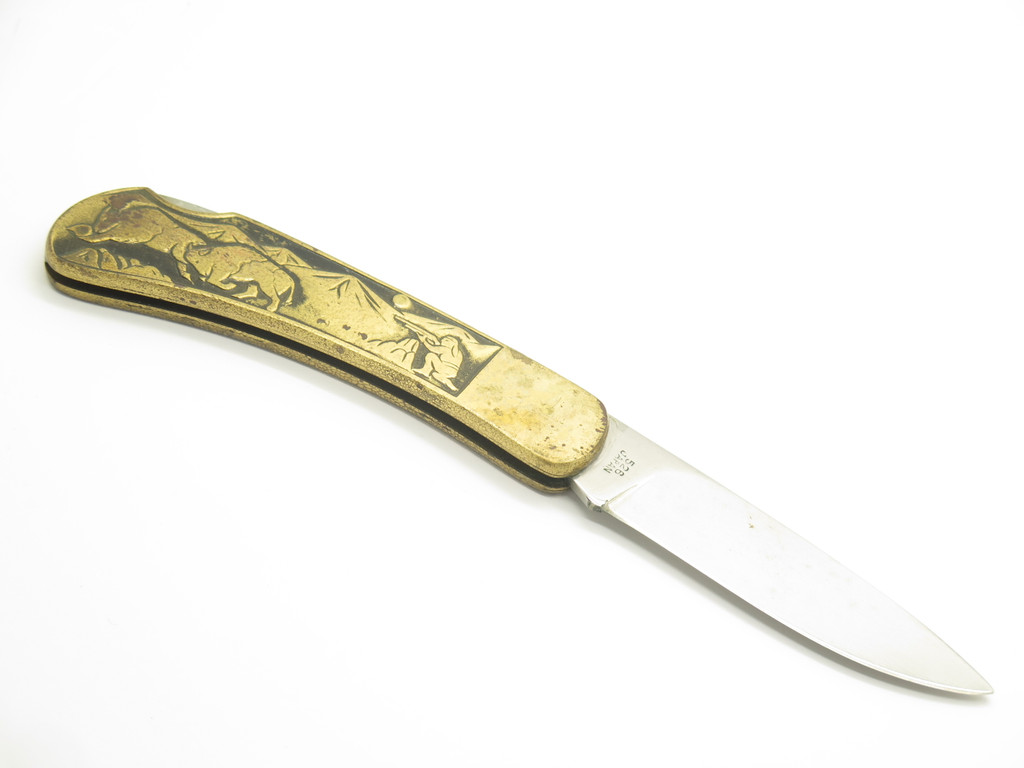 Vintage 70s Compass Wild West Seizo Imai Seki Japan Brass 4.75" Lockback Knife - ePrague, LLC