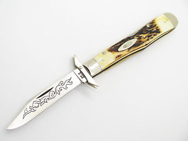Vtg 1977 Case XX 5111 1/2 Blue Scroll Stag Cheetah Swing Guard Knife ...