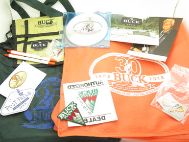 Buck Collector's Club BCCI LOT Tie tack Stickers Patch Pens Pouchs DVD ...