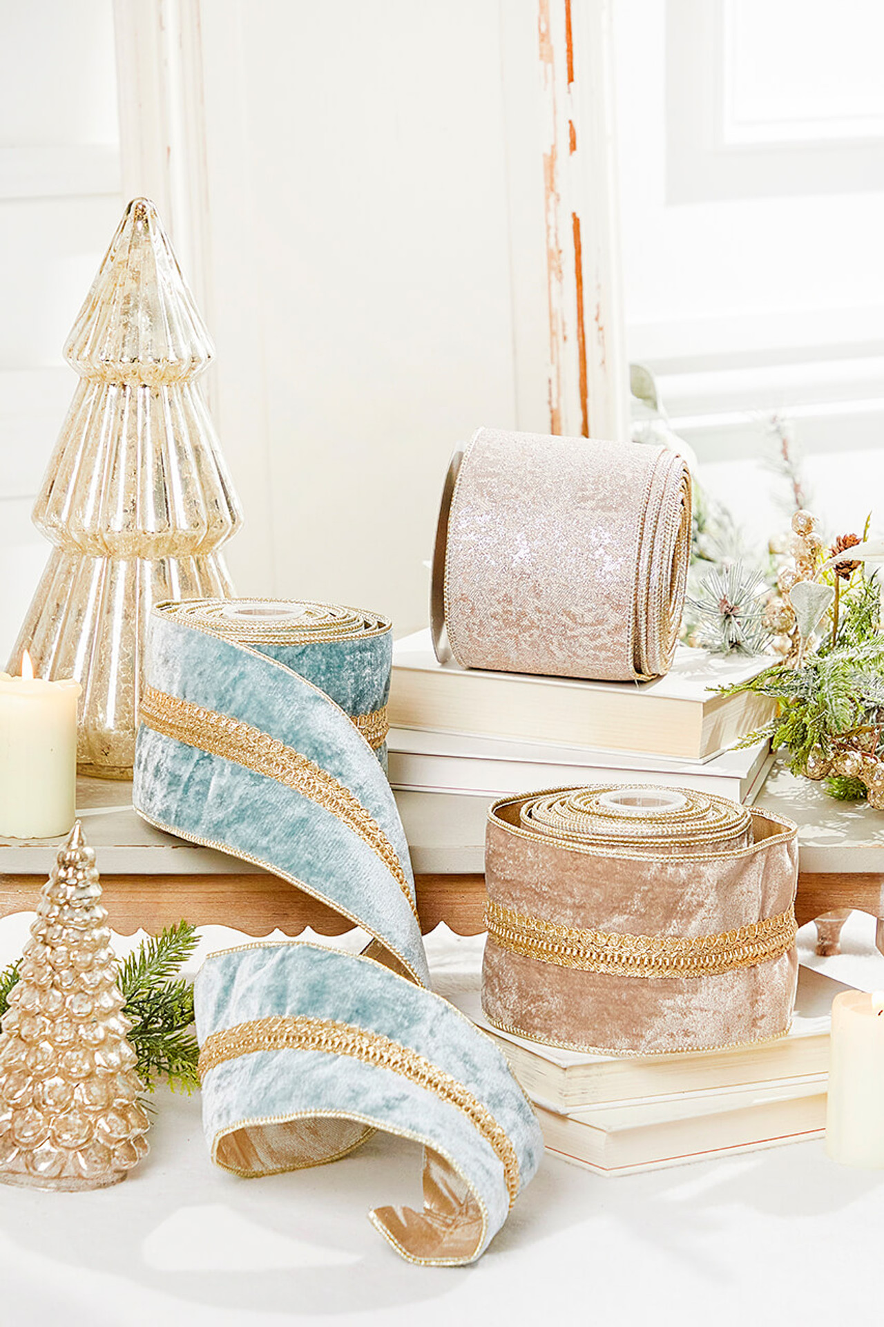 4" x 5 Yard Taupe Velvet Metallic Edge Ribbon - Decorator's Warehouse