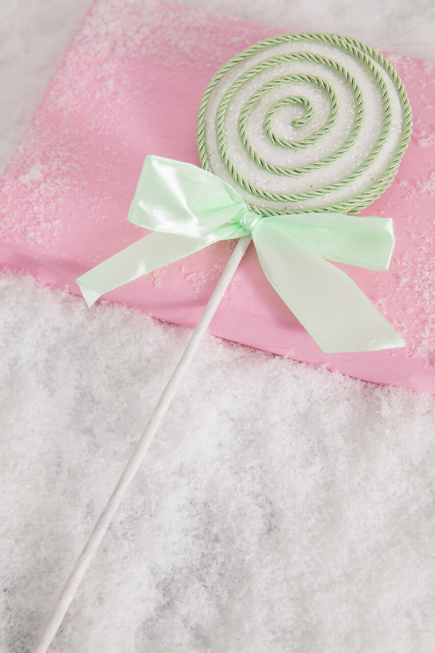 12” Lollipop Pick/Ornament with Bow - Green/White - Decorator's Warehouse