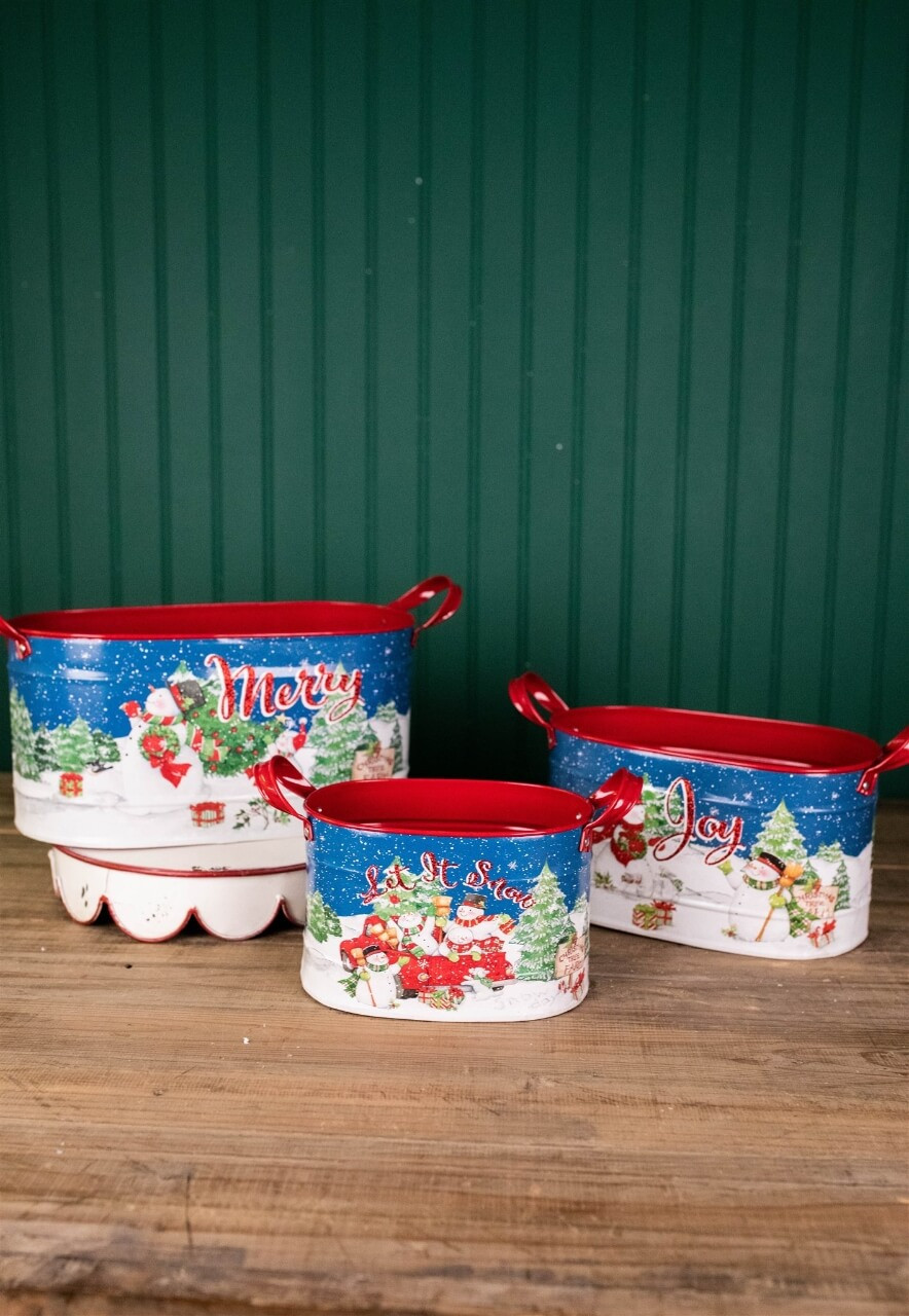 Metal Holiday Snowman Design Buckets with Glitter Accents - Decorator's ...